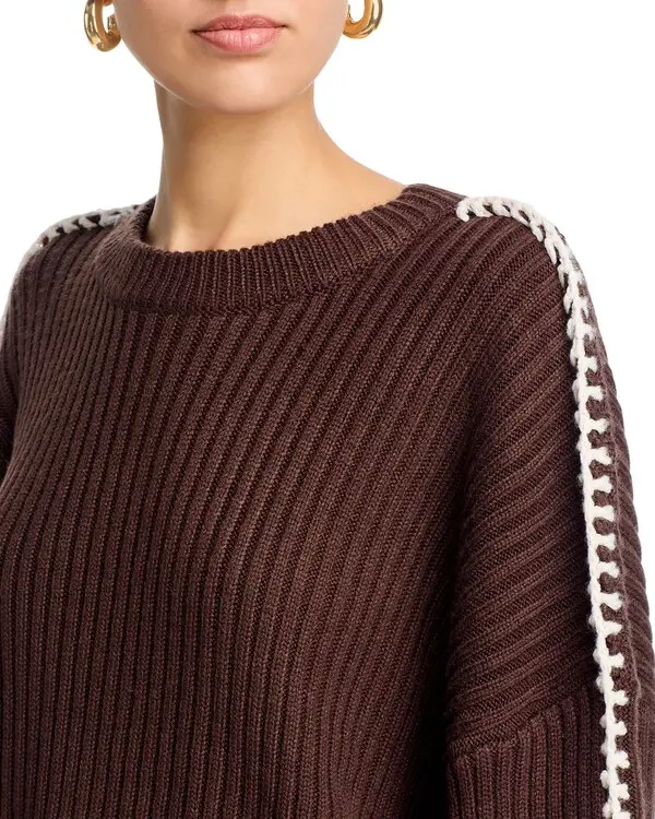 Elan Ribbed Blanket Stitch Sweater - Brown