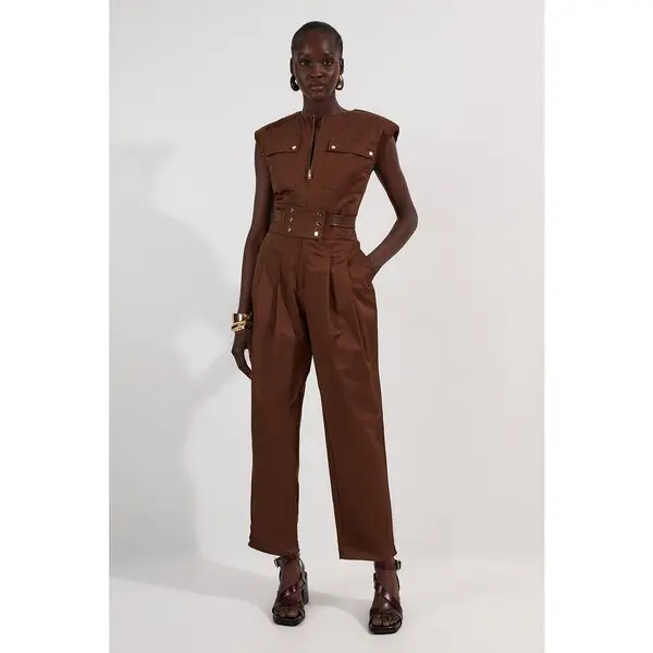 Karen Millen Cotton & Faux Leather Utility Jumpsuit - Chocolate