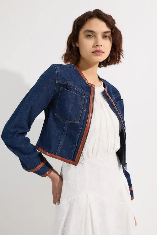 Karen Millen Denim Jacket With Faux Leather Trim - Dark Wash