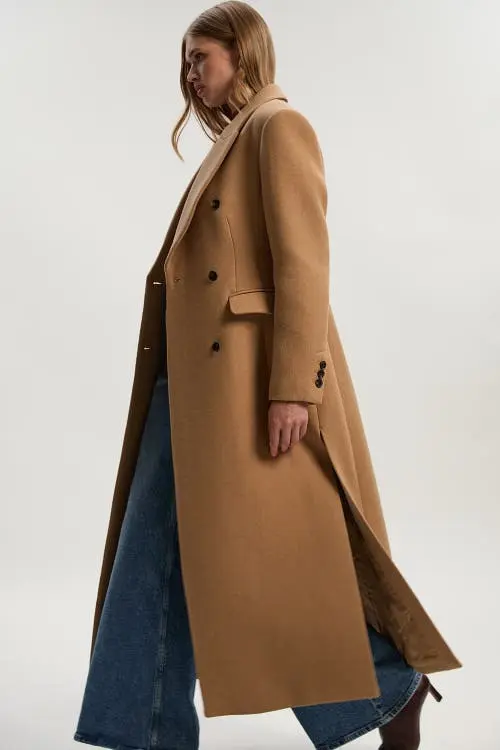 Karen Millen Wool Double Breasted Tailored Maxi Coat - Camel