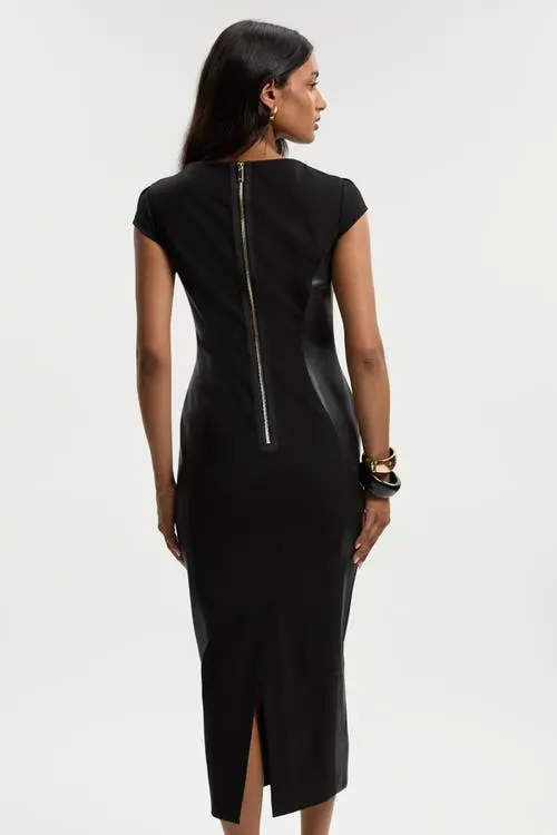 Karen Millen Ponte And Pu Mix Pencil Midi Dress