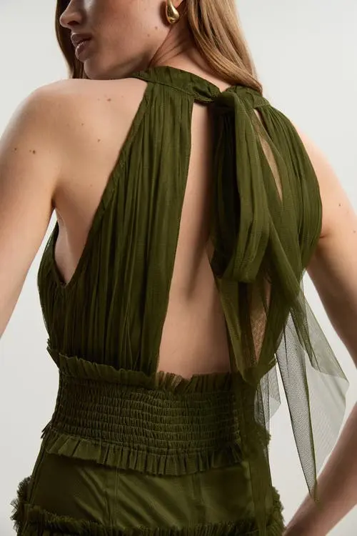 Karen Millen Tulle Layered Halter Neck Maxi Dress - Khaki | Editorialist