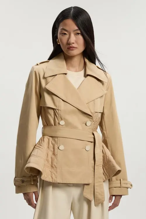 Karen Millen Quilted Padded Peplum Short Trench Coat - Camel