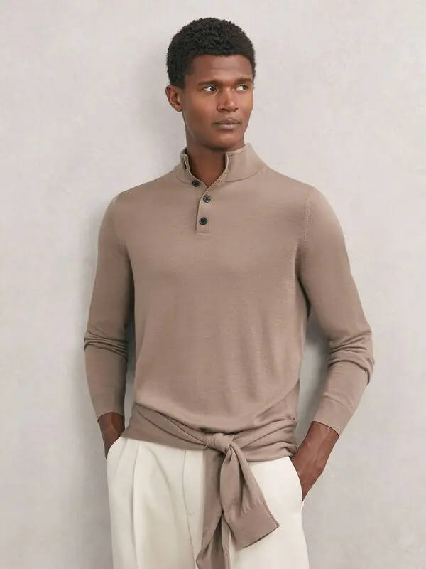 REISS Farnham Merino Wool Half-button Funnel Jumper - Camel Brown