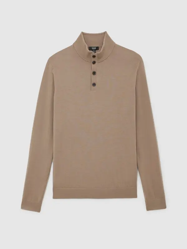 REISS Farnham Merino Wool Half-button Funnel Jumper - Camel Brown