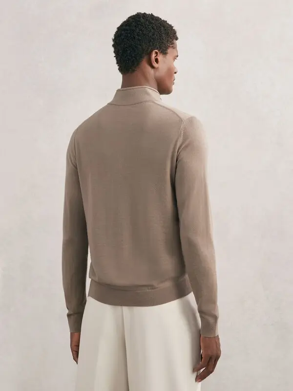 REISS Farnham Merino Wool Half-button Funnel Jumper - Camel Brown