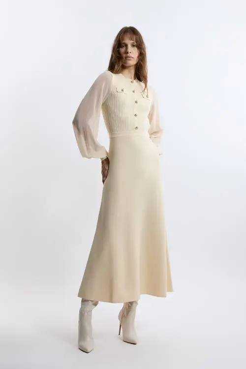 Karen Millen Military Trim Chiffon Sleeve Knit Maxi Dress - Cream