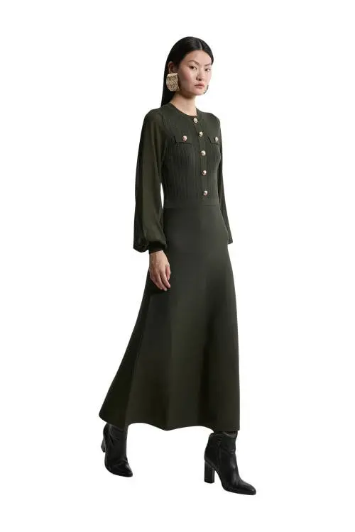 Karen Millen Military Trim Chiffon Sleeve Knit Maxi Dress - Olive