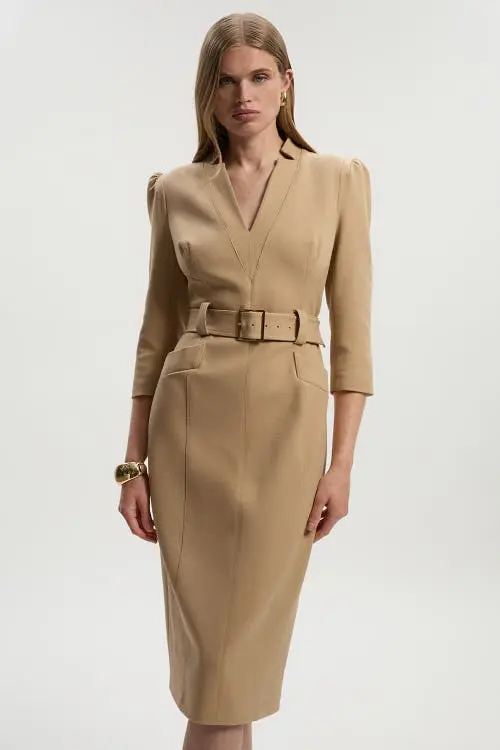 Karen Millen Belted 3/4 Sleeve Midi Dress - Camel