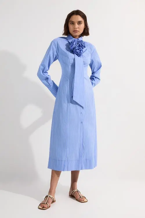 Karen Millen Striped Shirt Maxi Dress With Rosette Detail - Blue