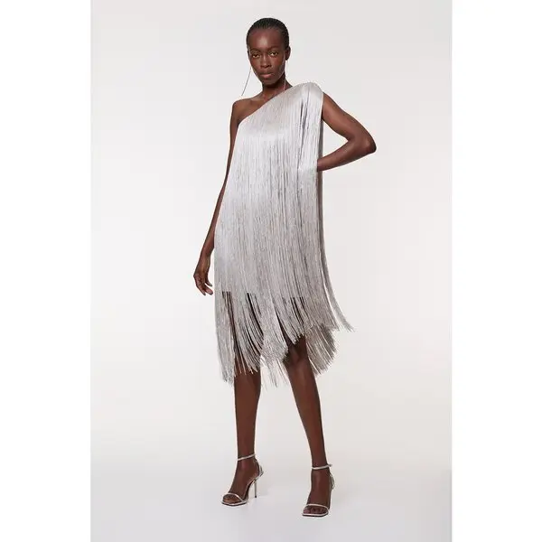 Karen Millen Asymmetrical Draped Fringe Mini Dress - Silver