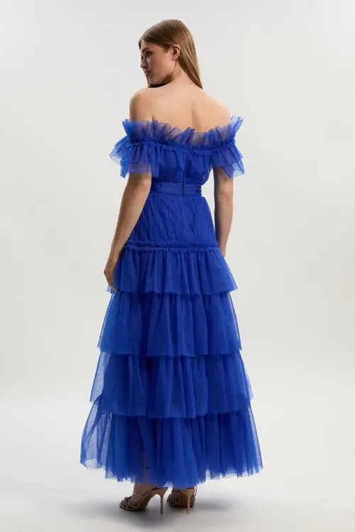Karen Millen Tulle Off Shoulder Maxi Dress - Cobalt | Editorialist