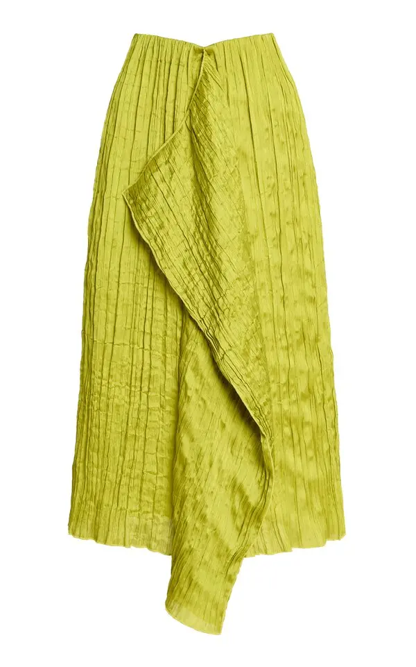 Staud Mai Crinkled Satin Midi Skirt - Green