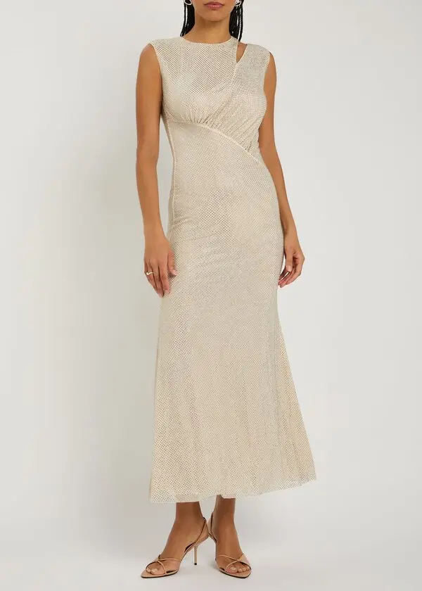 SELF-PORTRAIT Crystal-embellished Mesh Midi Dress - Ivory