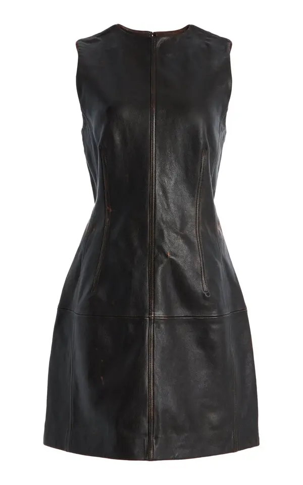 Staud Binx Distressed Leather Mini Dress - Brown