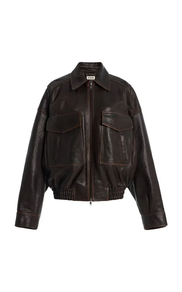 Staud Eugene Distressed Leather Bomber Jacket - Brown