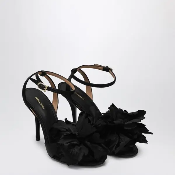 FERRAGAMO Satin Flower Stiletto Sandals - Black