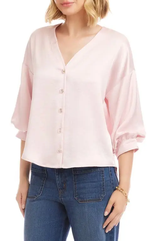 Karen Kane Satin Lantern Sleeve Button-up Shirt - Pink
