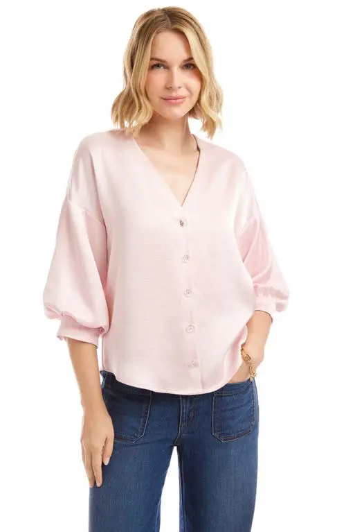 Karen Kane Satin Lantern Sleeve Button-up Shirt - Pink