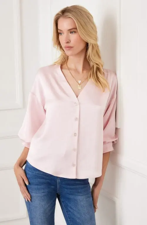Karen Kane Satin Lantern Sleeve Button-up Shirt - Pink