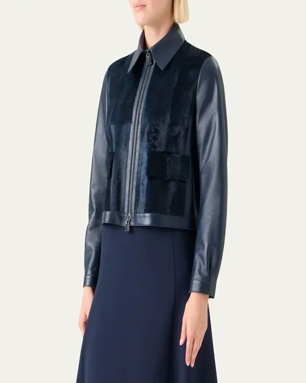 Akris Sady Lamb Shearling Paneled Short Leather Jacket