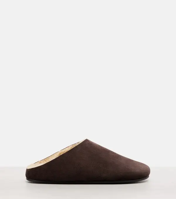 THE ROW Hudson Shearling-lined Suede Mules - Brown