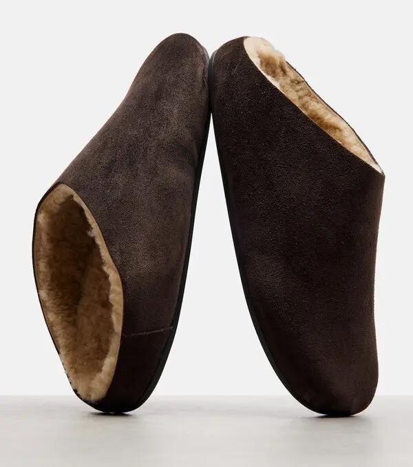 THE ROW Hudson Shearling-lined Suede Mules - Brown