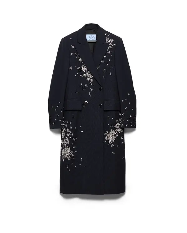 Prada Embroidered Wool Double-breasted Coat - Blue