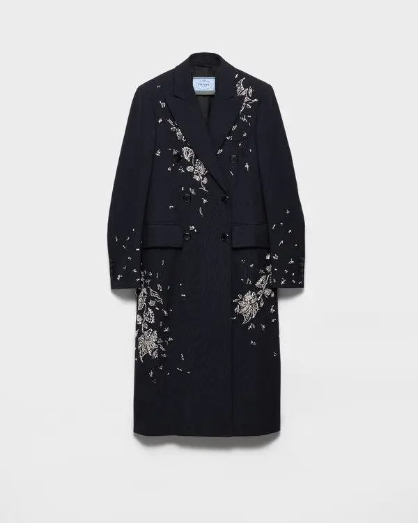 Prada Embroidered Wool Double-breasted Coat - Navy