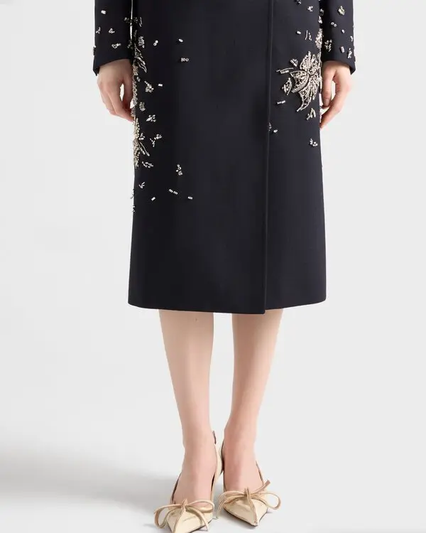 Prada Embroidered Wool Double-breasted Coat - Navy