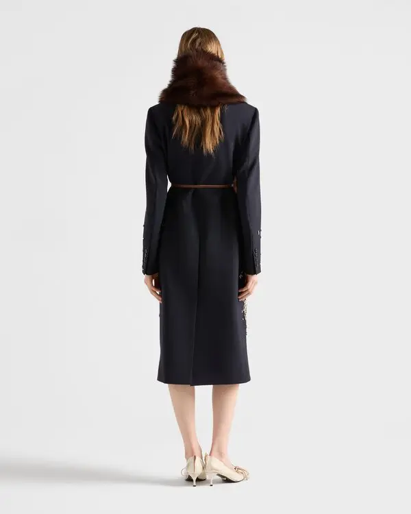 Prada Embroidered Wool Double-breasted Coat - Navy