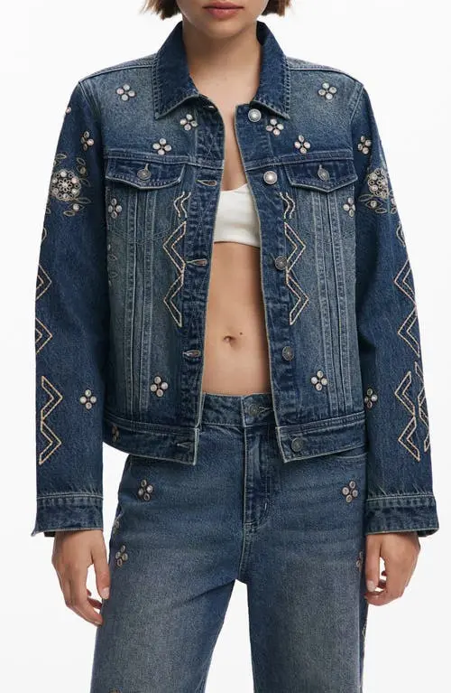 Desigual Embroidered Denim Trucker Jacket - Medium Blue