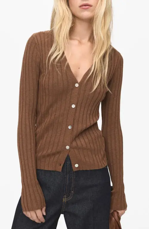 Mango V-neck Ribbed Cardigan - Chocolate