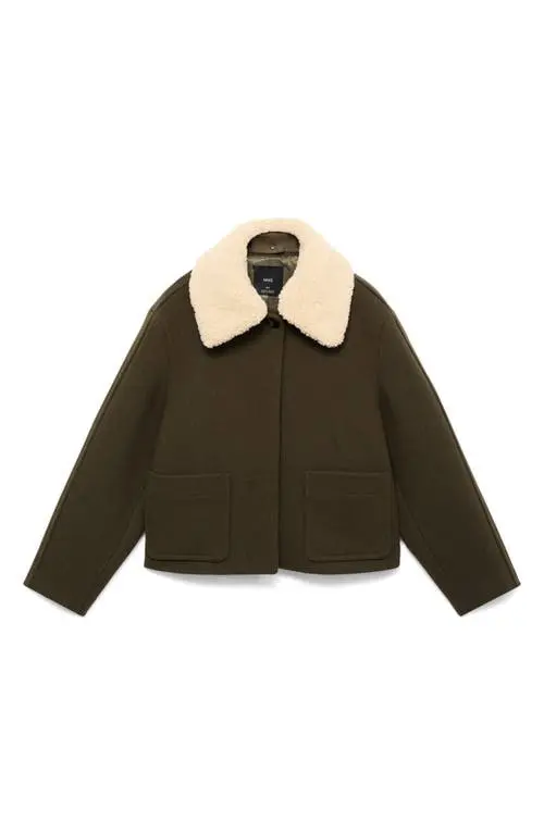 Mango Jacket With Removable Faux Shearling Collar - Khaki Green