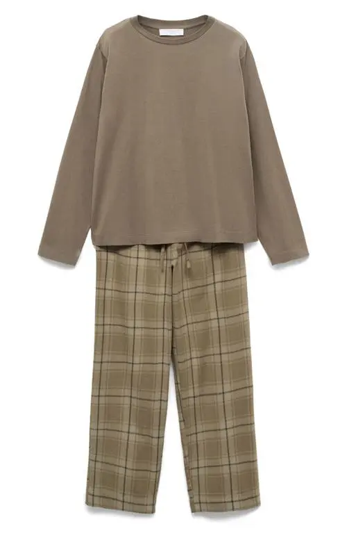 Mango Check Cotton Flannel Pajamas - Olive Green
