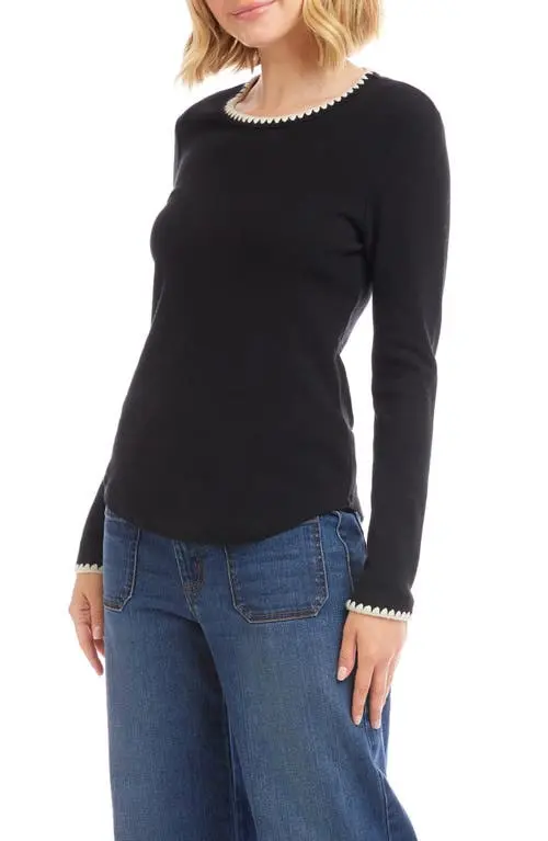 Karen Kane Edge Stitch Crewneck Top - Black/cream