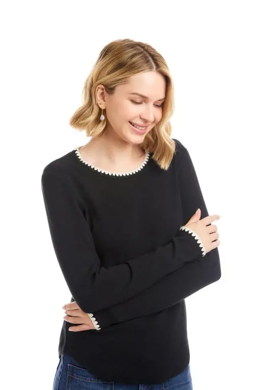 Karen Kane Edge Stitch Crewneck Top - Black/cream