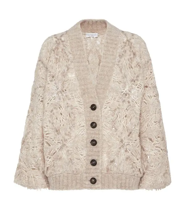 Brunello Cucinelli Mohair-wool-blend Embroidered Cardigan - Beige