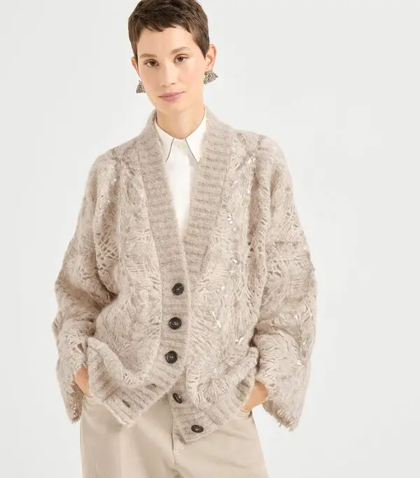 Brunello Cucinelli Mohair-wool-blend Embroidered Cardigan - Beige