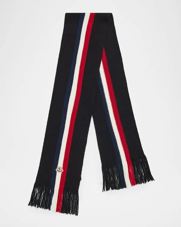 Moncler Wool Tricolor Stripe Fringe Scarf - Black