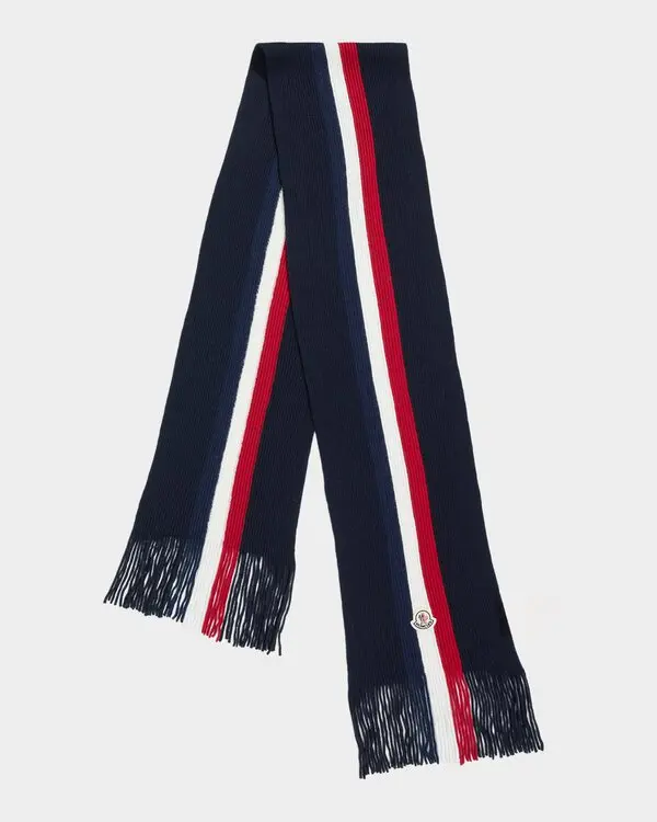 Moncler Wool Tricolor Stripe Fringe Scarf - Navy