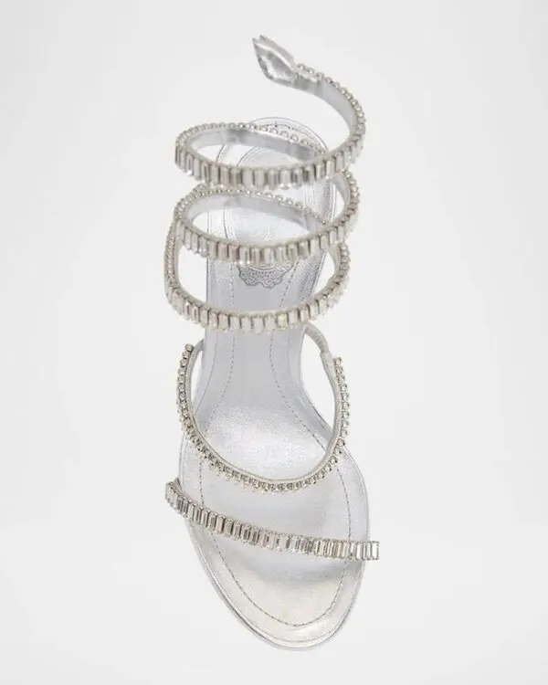 Rene Caovilla Metallic Leather Strass Snake Ankle Wrap Sandals - Silver