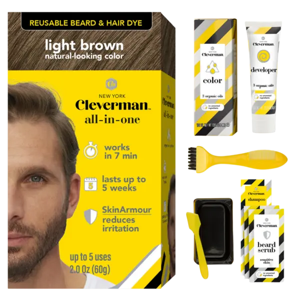 CLEVERMAN Reusable Beard & Hair Dye Kit Up To 5 Uses, 7-min Natural Gray Coverage With Skinarmour - Light Brown