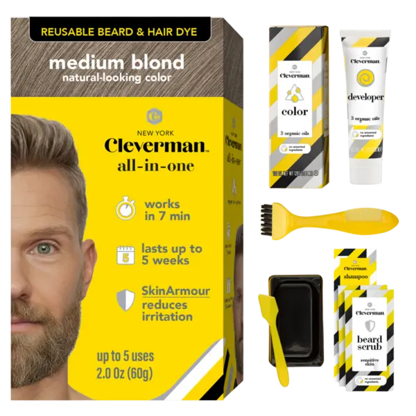 CLEVERMAN Reusable Beard & Hair Dye Kit Up To 5 Uses, 7-min Natural Gray Coverage With Skinarmour - Medium Blond