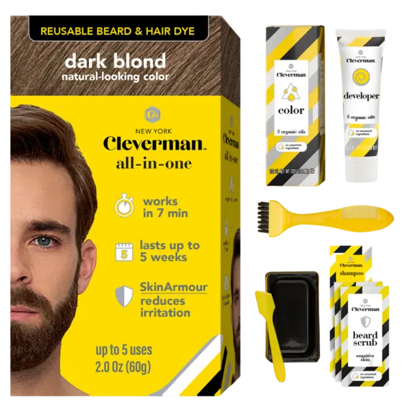 CLEVERMAN Reusable Beard & Hair Dye Kit Up To 5 Uses, 7-min Natural Gray Coverage With Skinarmour - Dark Blond