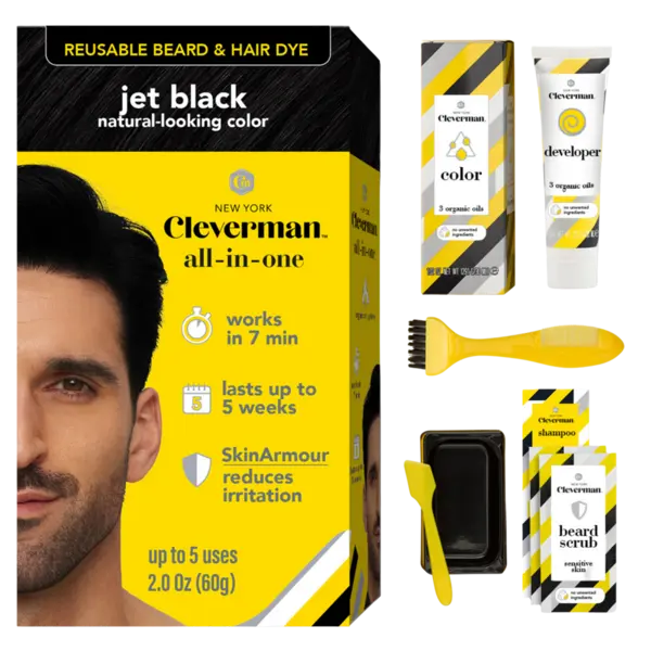 CLEVERMAN Reusable Beard & Hair Dye Kit Up To 5 Uses, 7-min Natural Gray Coverage With Skinarmour - Jet Black