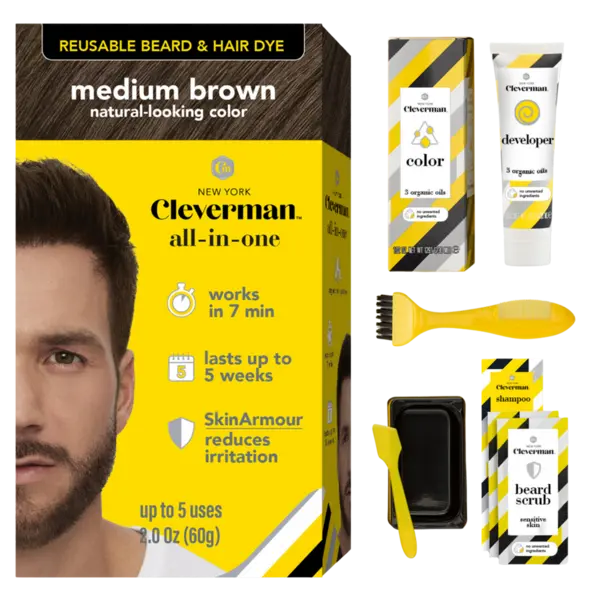 CLEVERMAN Reusable Beard & Hair Dye Kit Up To 5 Uses, 7-min Natural Gray Coverage With Skinarmour - Medium Brown