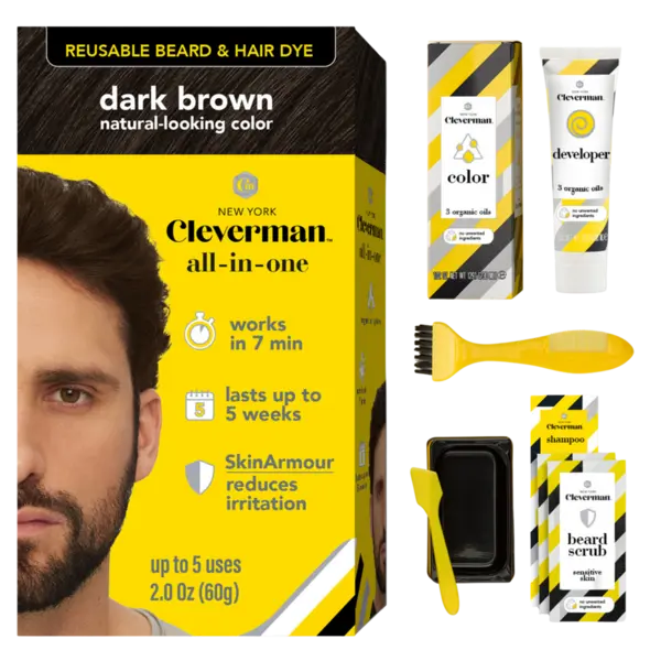 CLEVERMAN Reusable Beard & Hair Dye Kit Up To 5 Uses, 7-min Natural Gray Coverage With Skinarmour - Dark Brown