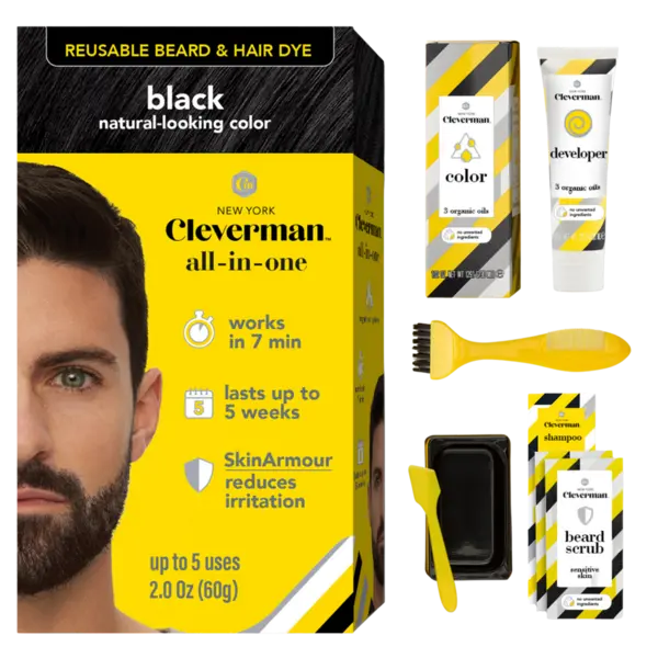 CLEVERMAN Reusable Beard & Hair Dye Kit Up To 5 Uses, 7-min Natural Gray Coverage With Skinarmour - Black