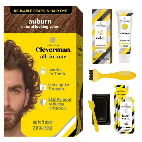 CLEVERMAN Reusable Beard & Hair Dye Kit Up To 5 Uses, 7-min Natural Gray Coverage With Skinarmour - Auburn